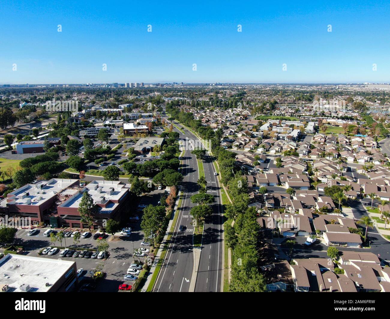 Aerial view of residential suburban packed homes neighborhood during ...