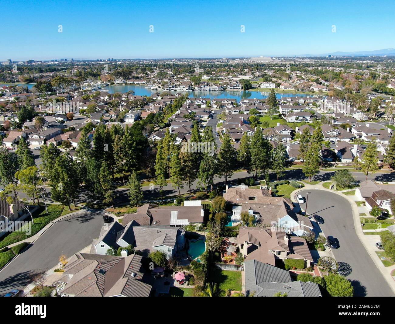 Aerial view of residential suburban packed homes neighborhood during ...