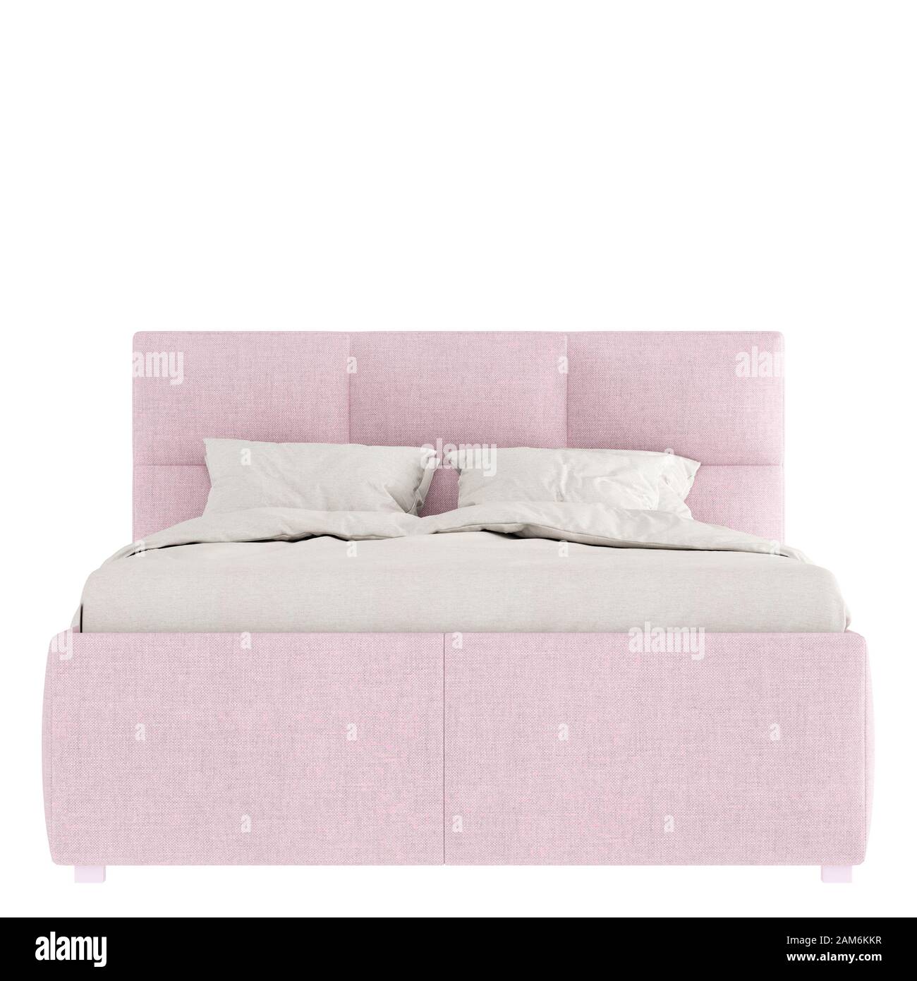 Double bed with soft pink fabric upholstery and light bedding on white ...