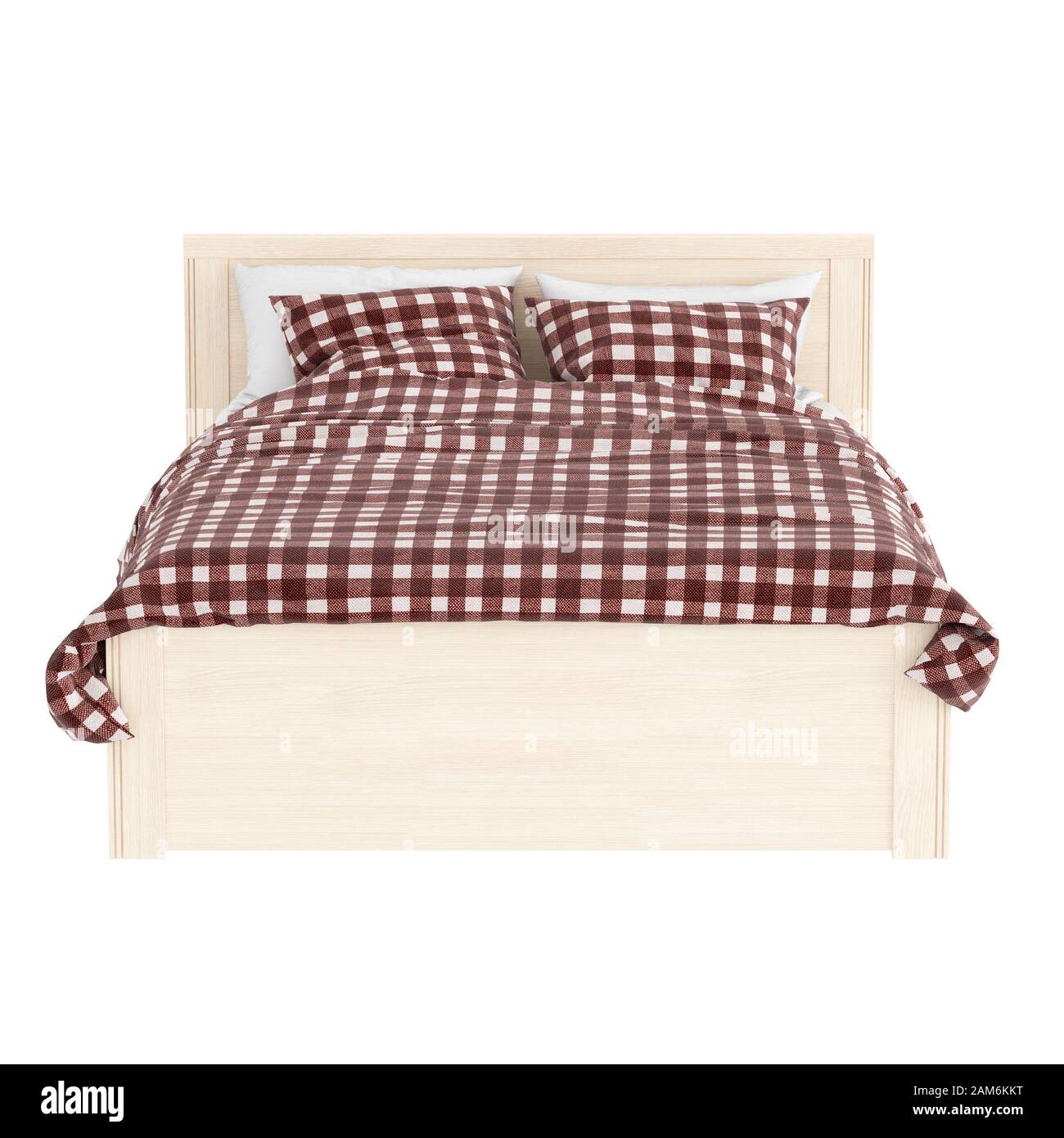 A light wooden double bed with checkered linen on a white background ...