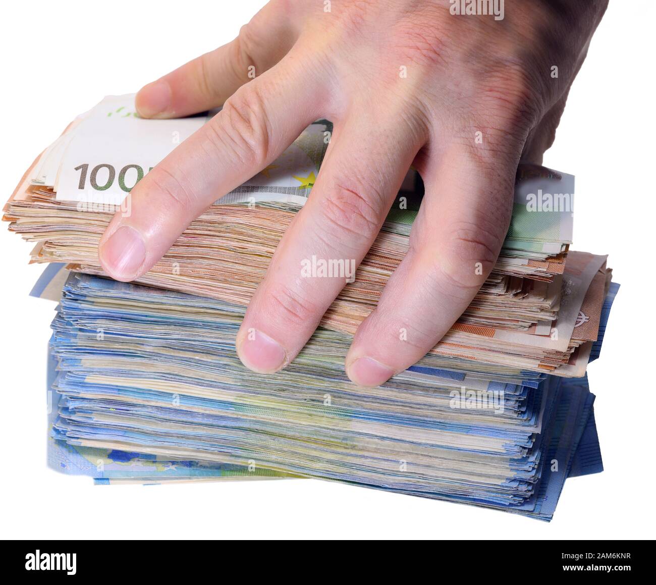 man grabbing a huge pile of money banknotes on a white background Stock ...