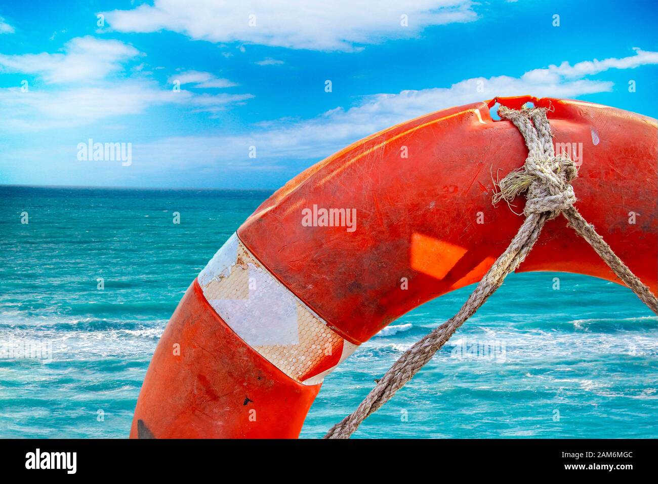 Nature template background with Red lifebuoy and turquoise clear sea in ...