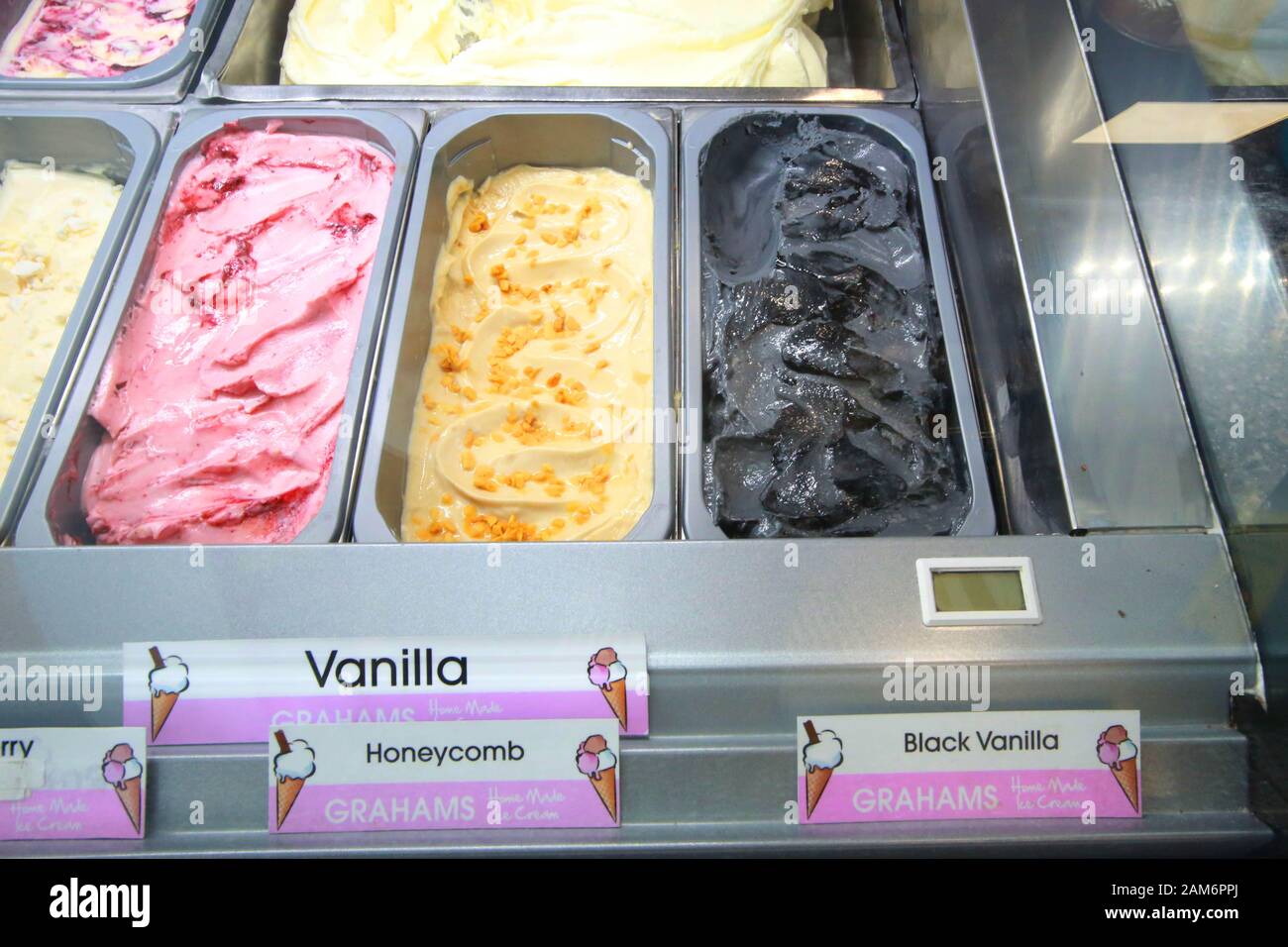Some of the flavours of ice cream inside Grahams Ice Cream shop in ...