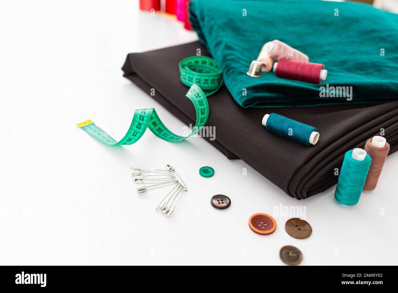 Sewing background. Set of tailoring tools on white background Stock ...