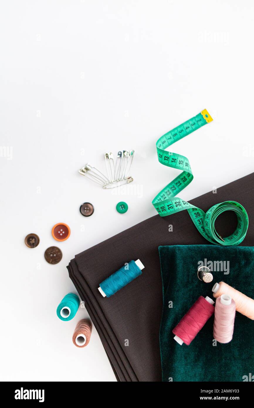 Sewing background. Set of tailoring tools on white background Stock ...