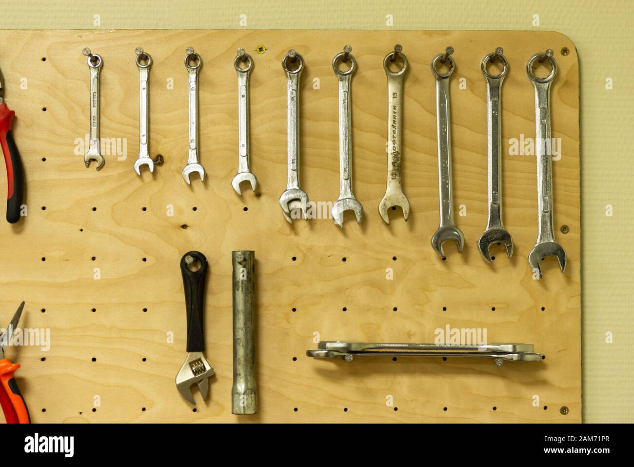 Shelf with tools. The hand tools are hung in their places. Organization ...