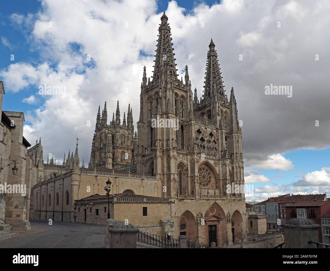 view of gothic spires of façade of Saint Mary, Burgos Cathedral (aka ...
