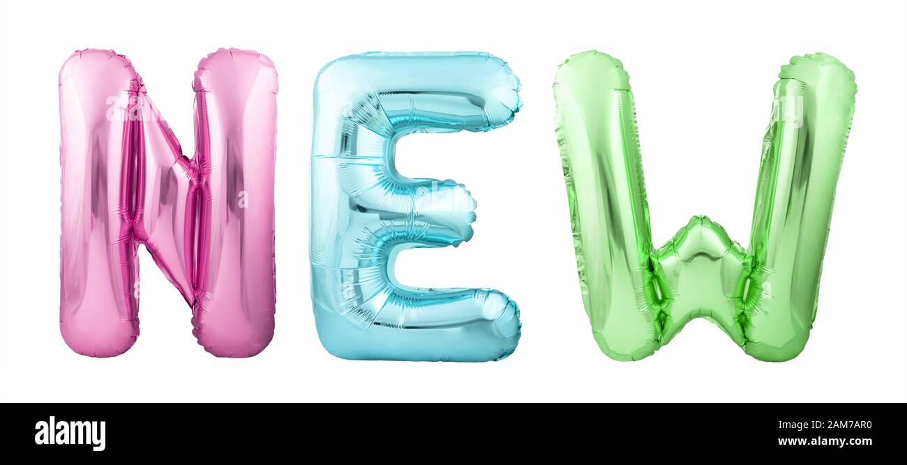 Word NEW made of colorful inflatable balloon letters isolated on white ...