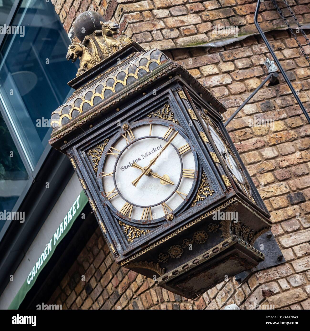 LONDON, UK - APRIL 27, 2019: Vintage clock with name of Stables Market ...