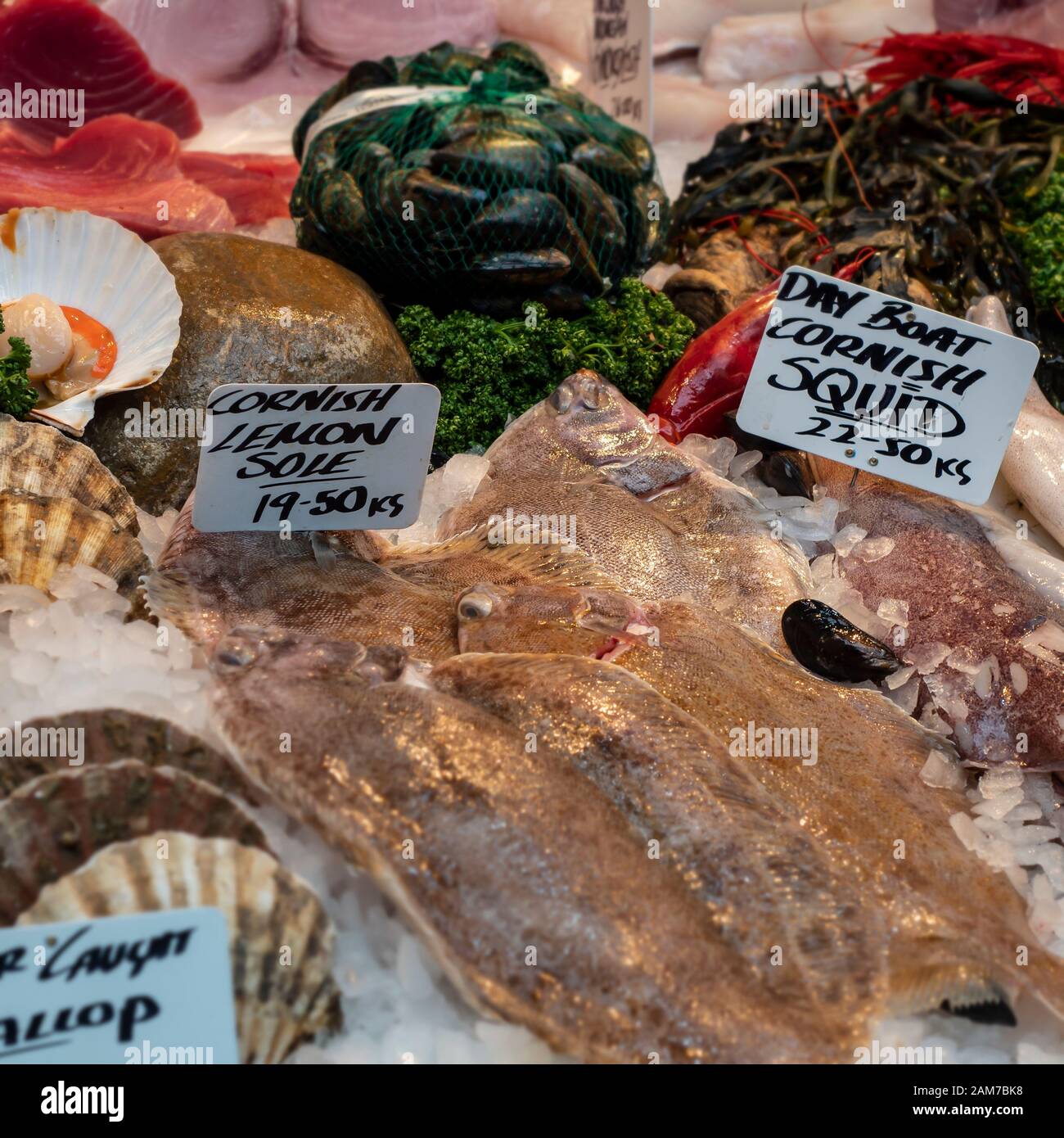 LONDON, UK - APRIL 27, 2019: Selection of fresh fish and seafood for ...