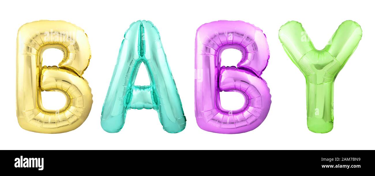 Word BABY made of colorful inflatable balloon letters isolated on white ...