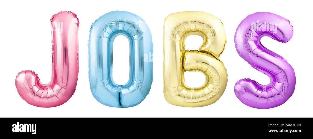 Word jobs made of colorful inflatable balloon letters isolated on white ...