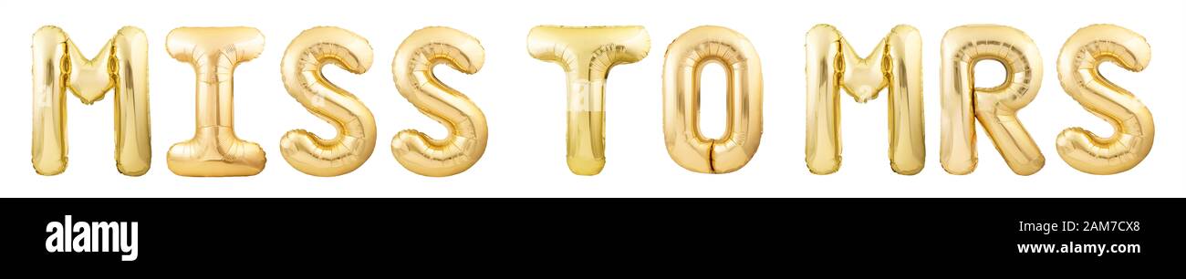 Words Miss to Mrs made of golden inflatable balloon letters isolated on ...
