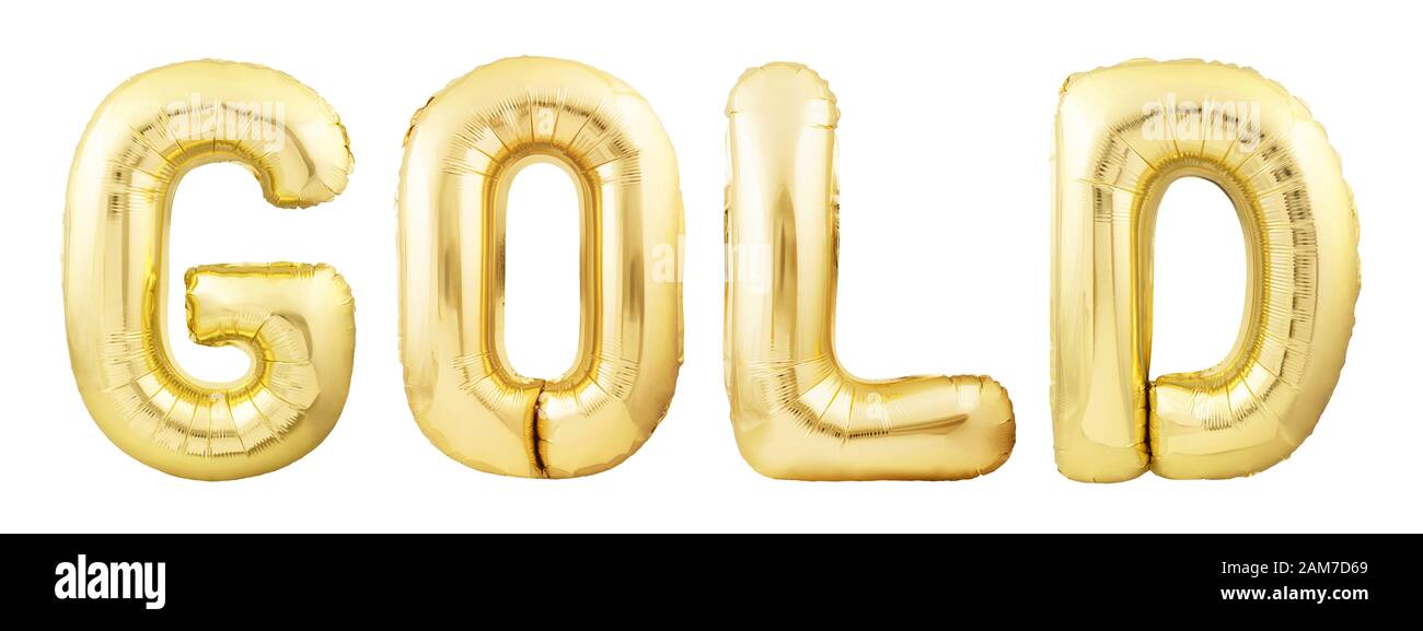 Word gold made of colorful inflatable balloon letters isolated on white ...