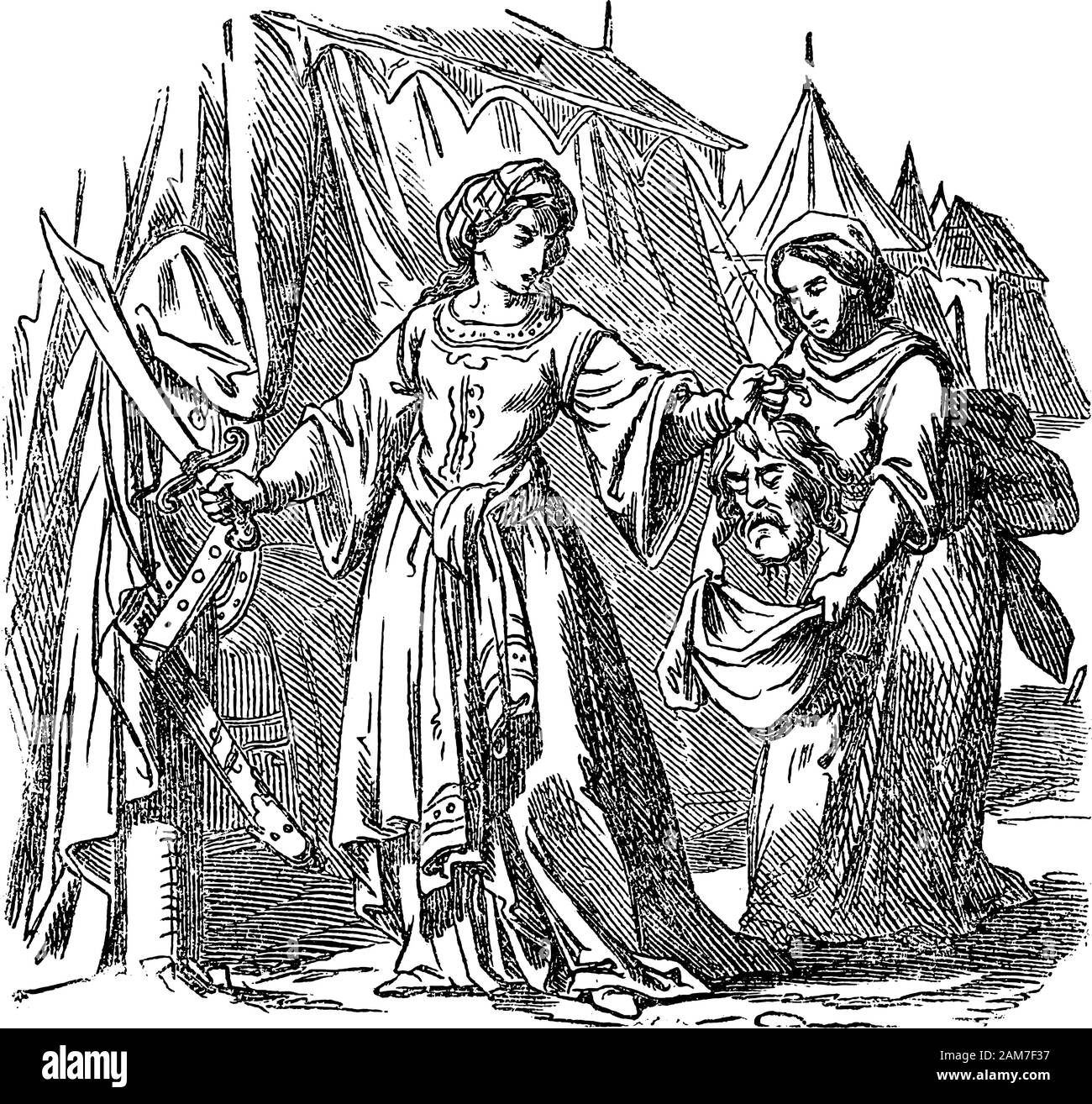 Vintage drawing or engraving of biblical story of Judith putting head ...