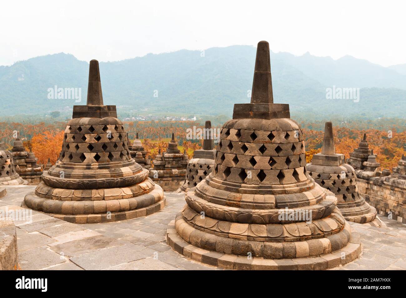 Ancient stupas in Borobudur Buddhist temple. Mahayana Buddhist temple ...