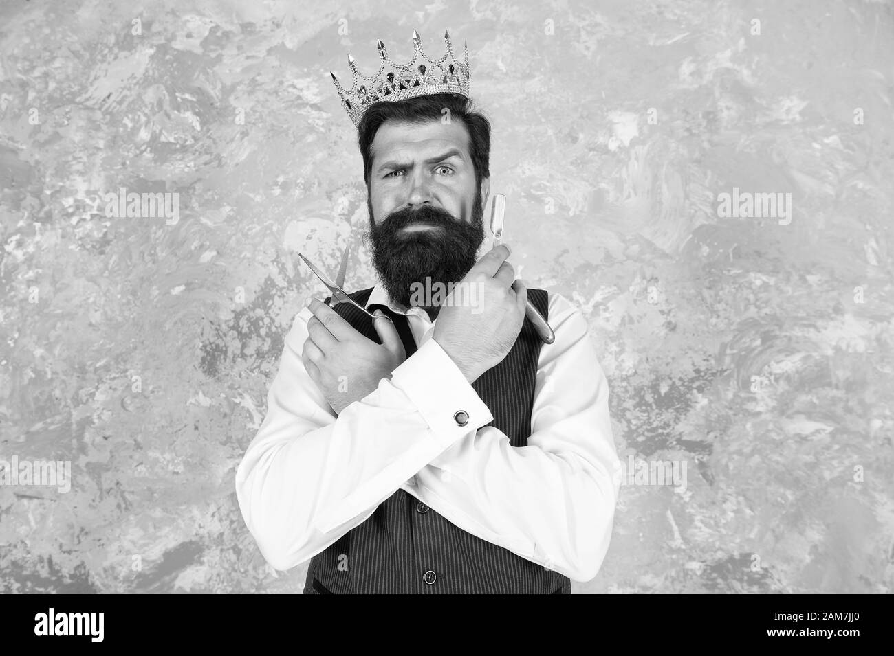 Style hair appropriately. Professional barber in hair salon. Big boss ...