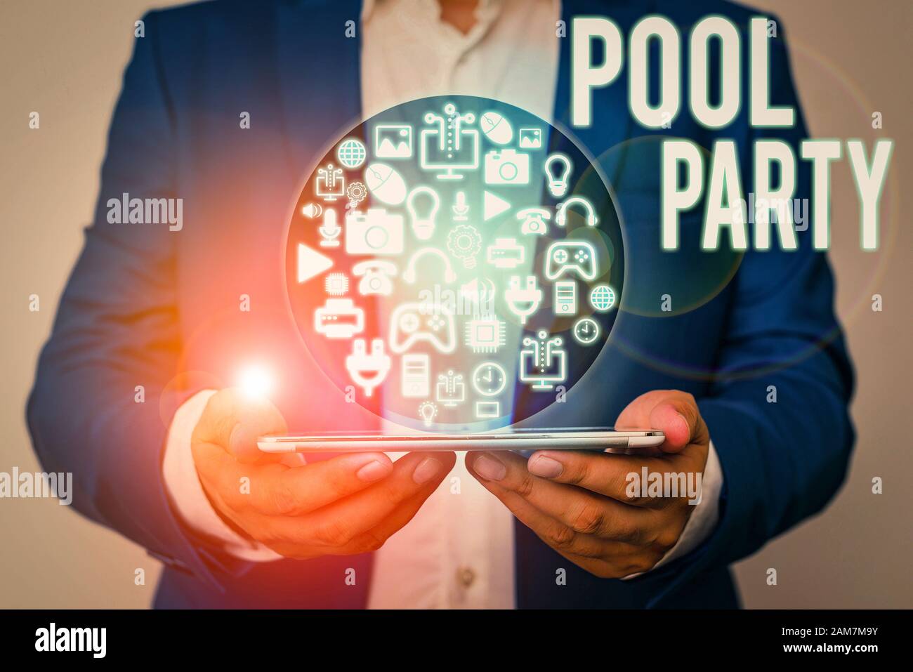 Writing note showing Pool Party. Business concept for celebration that ...
