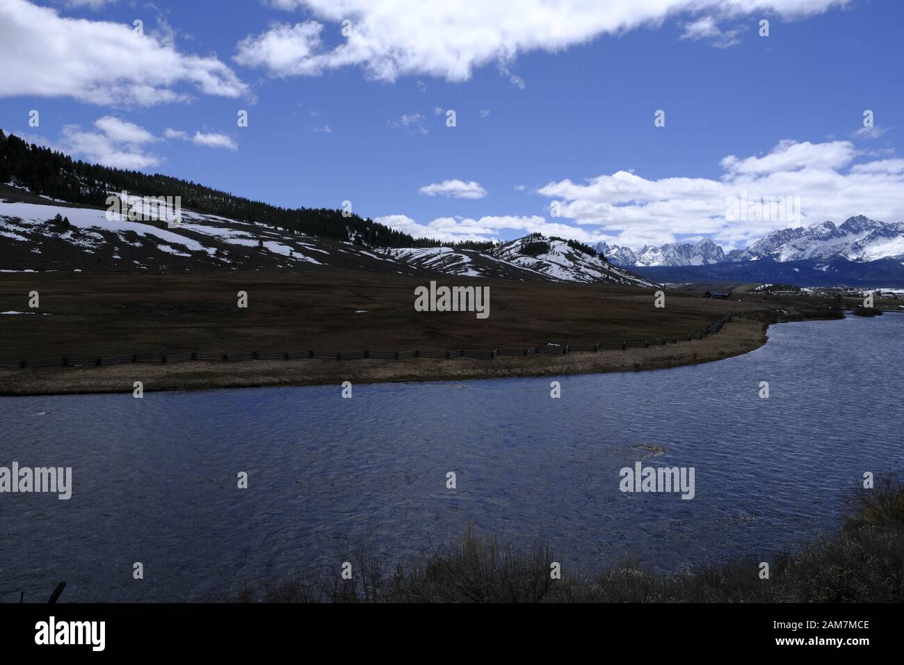 Sawtooth Mountains and the Salmon River near Stanley, Idaho Stock Photo ...