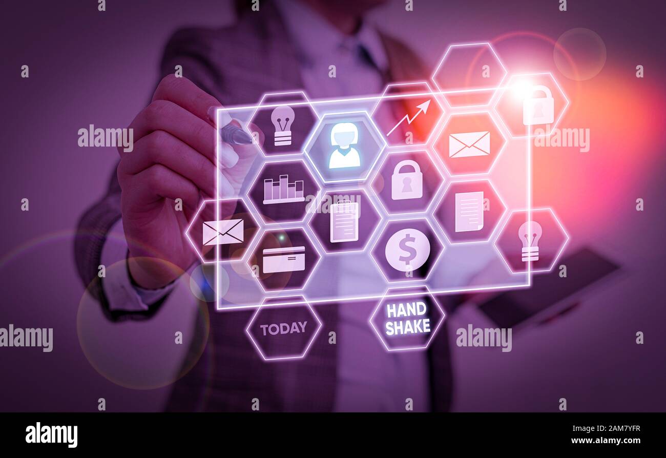 Conceptual hand writing showing Hand Shake. Concept meaning an act ...