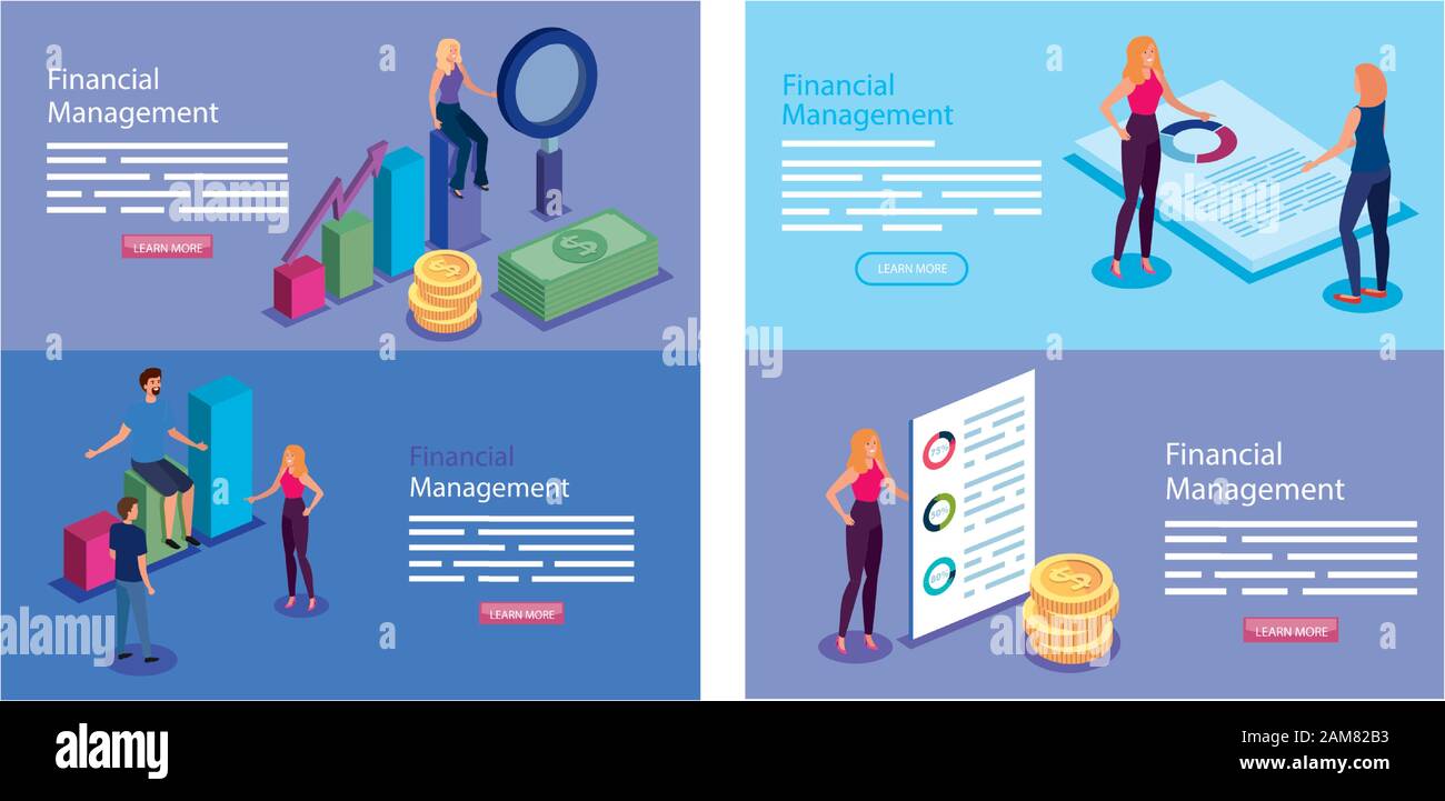 set poster of financial management with people and icons Stock Vector ...