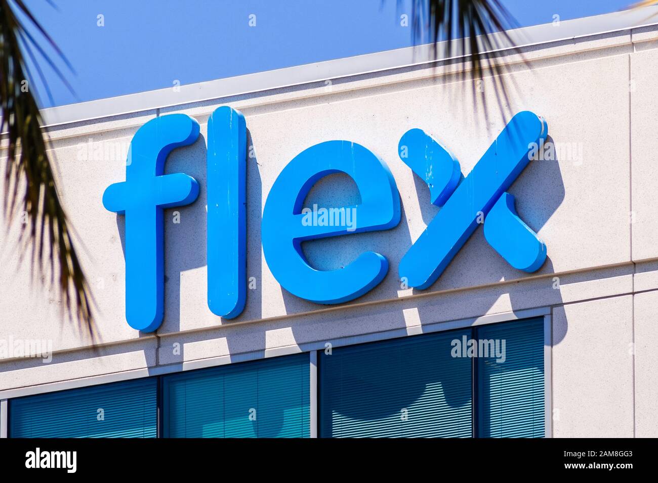 Aug 8, 2019 San Jose / CA / USA - Close up of Flex logo at their ...