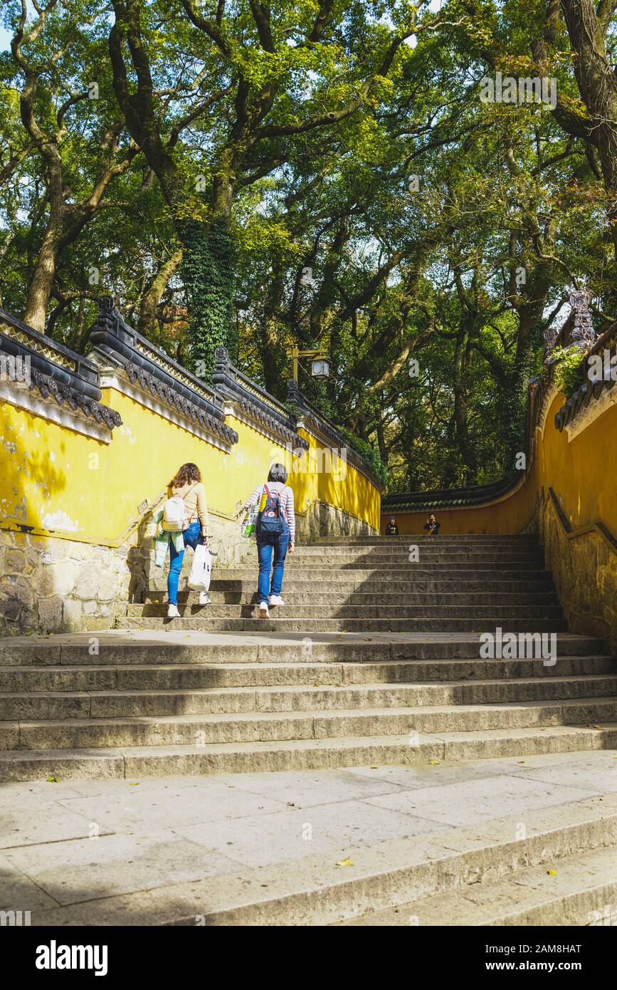 Zhejiang, China, November, 2018. Stairs lead to the Fayu Temple. Mount ...