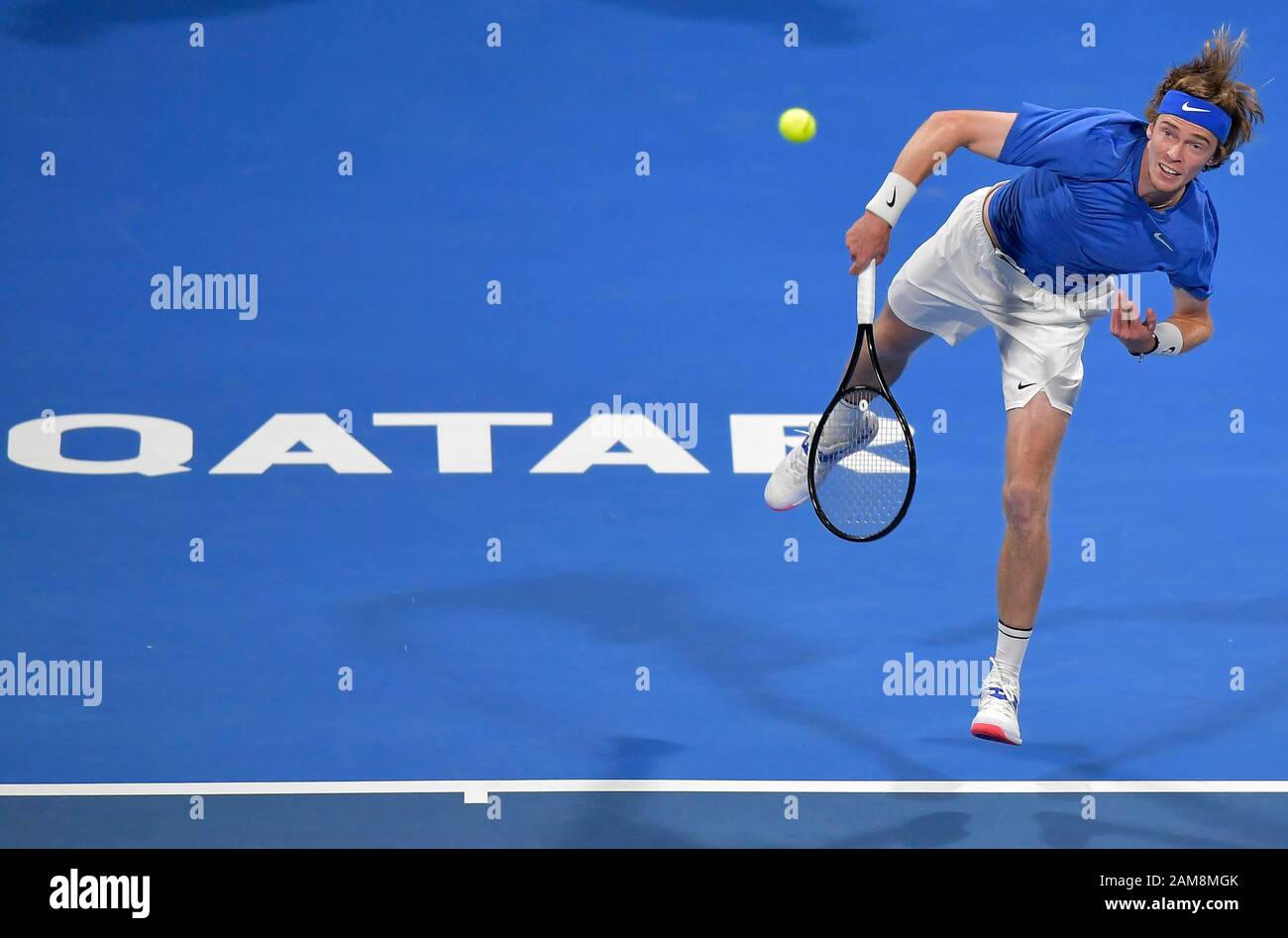 Doha, Qatar. 11th Jan, 2020. Andrey Rublev of Russia serves during the singles final match ...