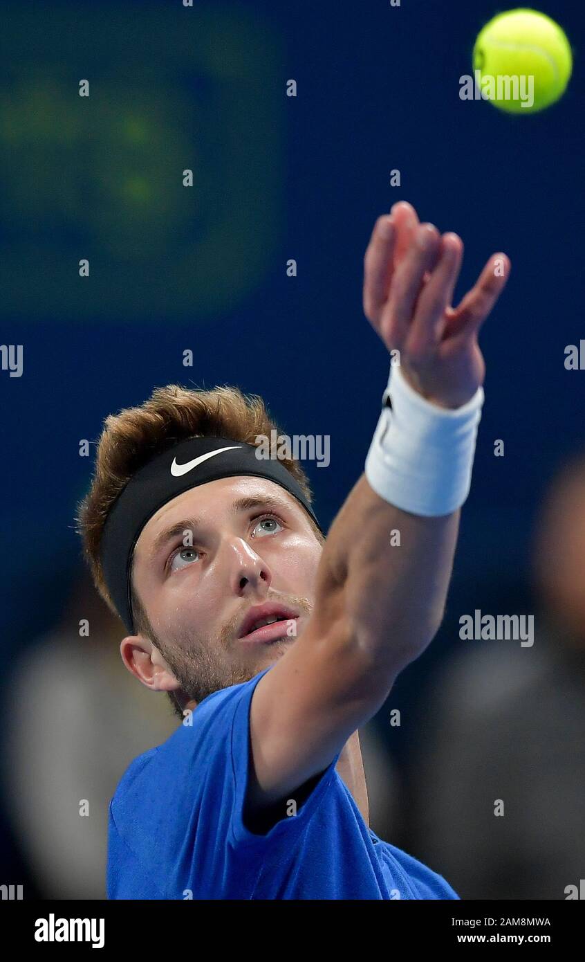 Doha, Qatar. 11th Jan, 2020. Corentin Moutet of France serves during ...