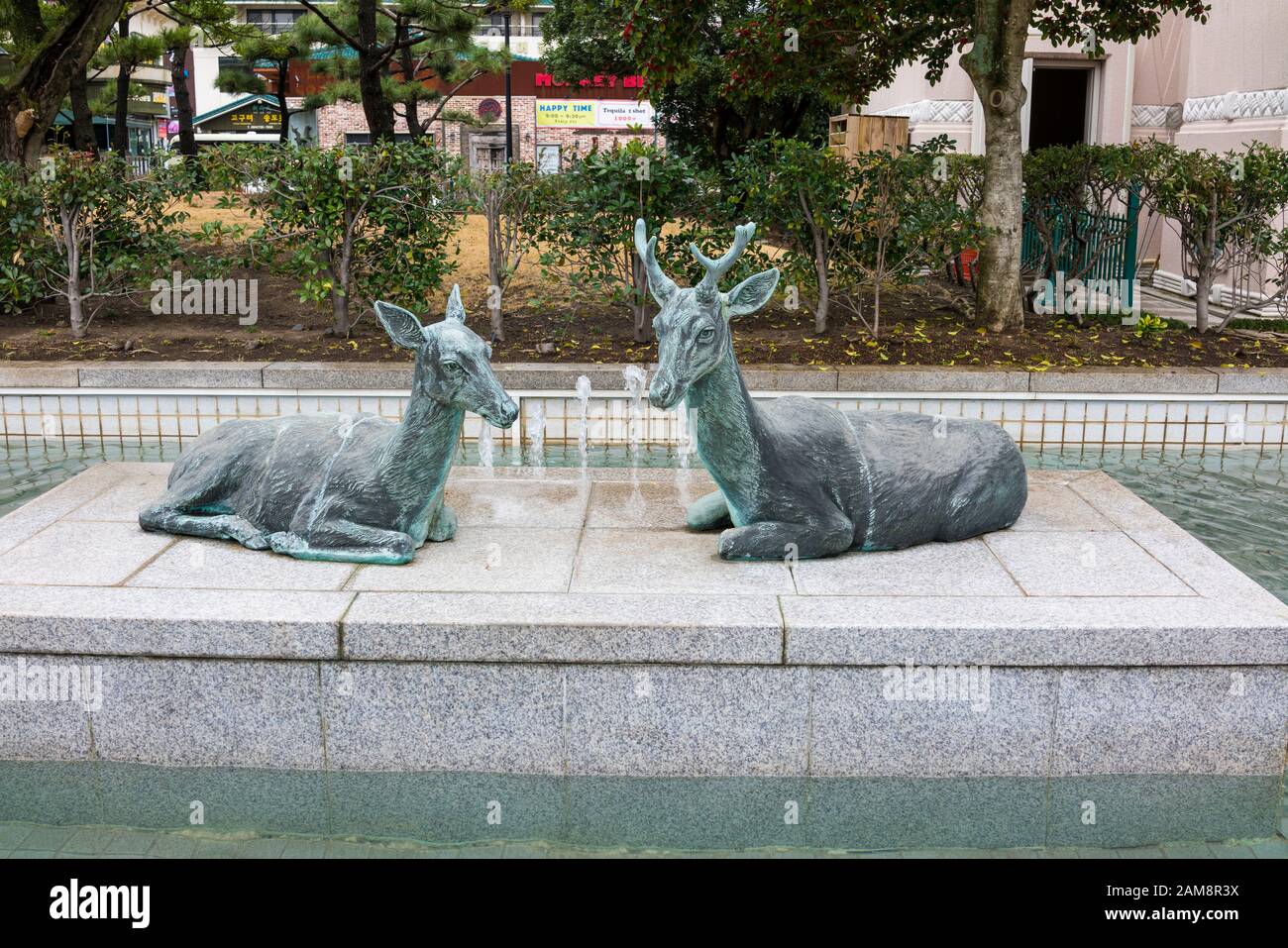 Jeju, Korea, 6th, March, 2019. The statue of deers at Lotte Hotel Jeju. The hotel is a luxury ...