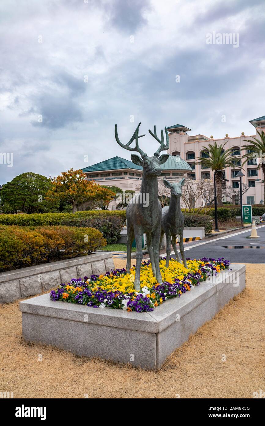 Jeju, Korea, 6th, March, 2019. The statue of deers at Lotte Hotel Jeju. The hotel is a luxury ...