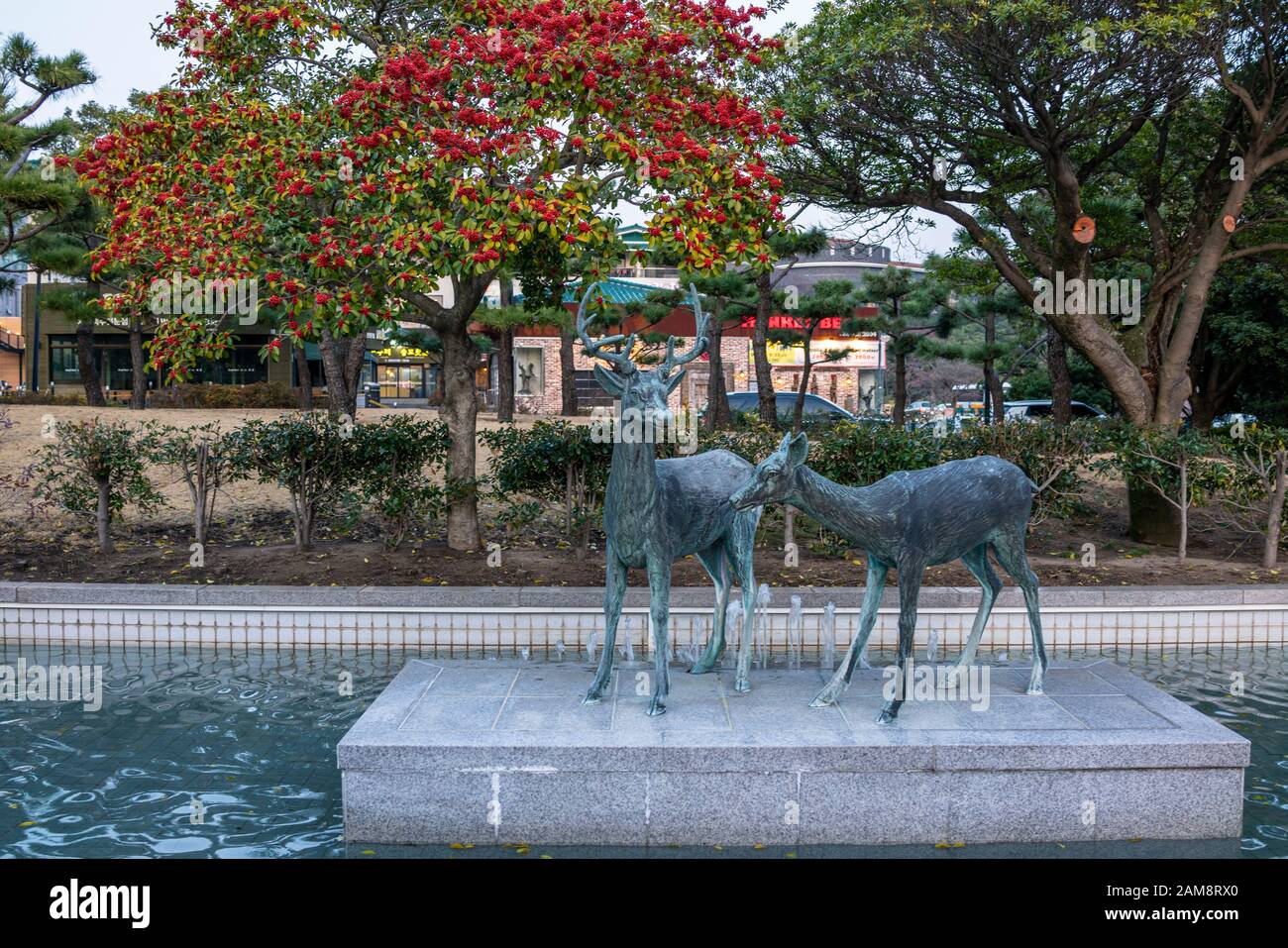 Jeju, Korea, 6th, March, 2019. The statue of deers at Lotte Hotel Jeju. The hotel is a luxury ...