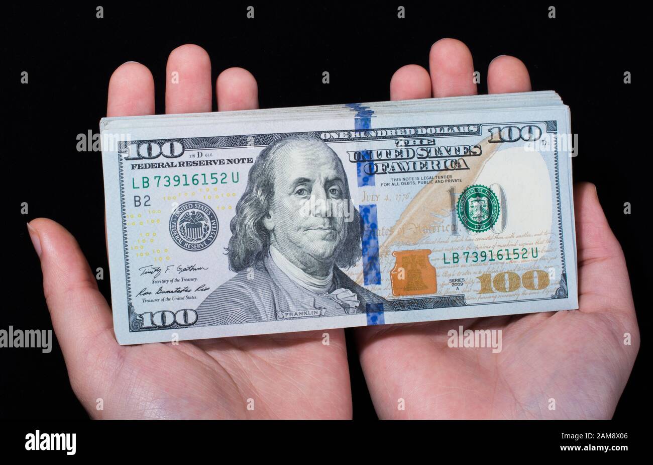 Hand holding American dollar banknotes isolated on white background ...