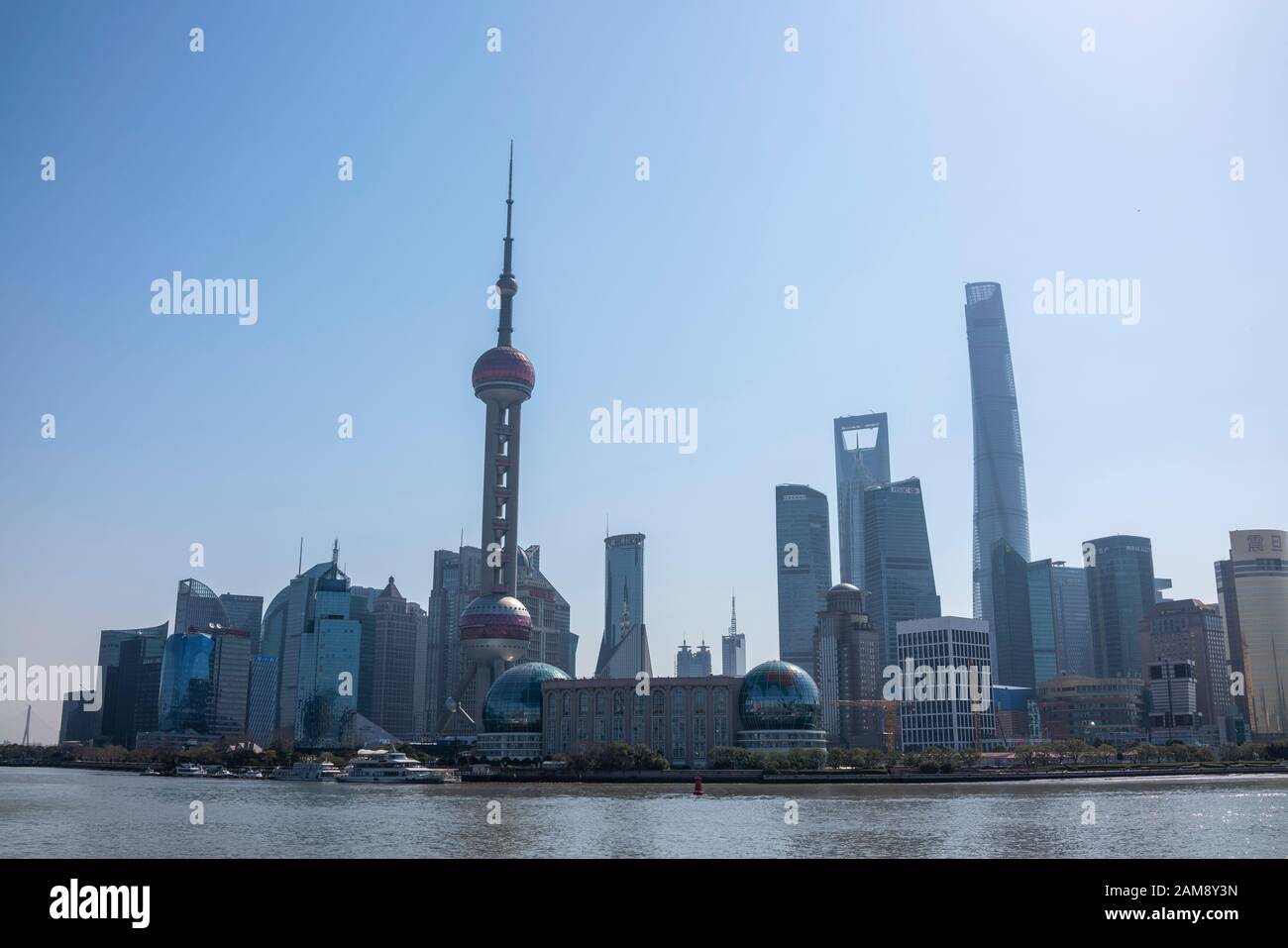 Shanghai, China, March, 2019. Lujiazui skyline, as seen from the Bund ...