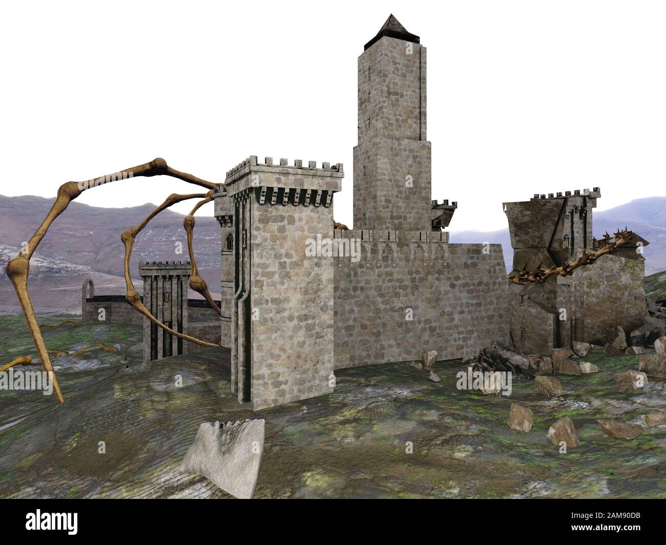 3D illustration dragon skeleton and ruined castle Stock Photo - Alamy