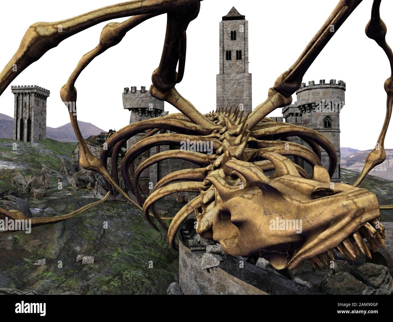 3D illustration dragon skeleton and ruined castle Stock Photo - Alamy
