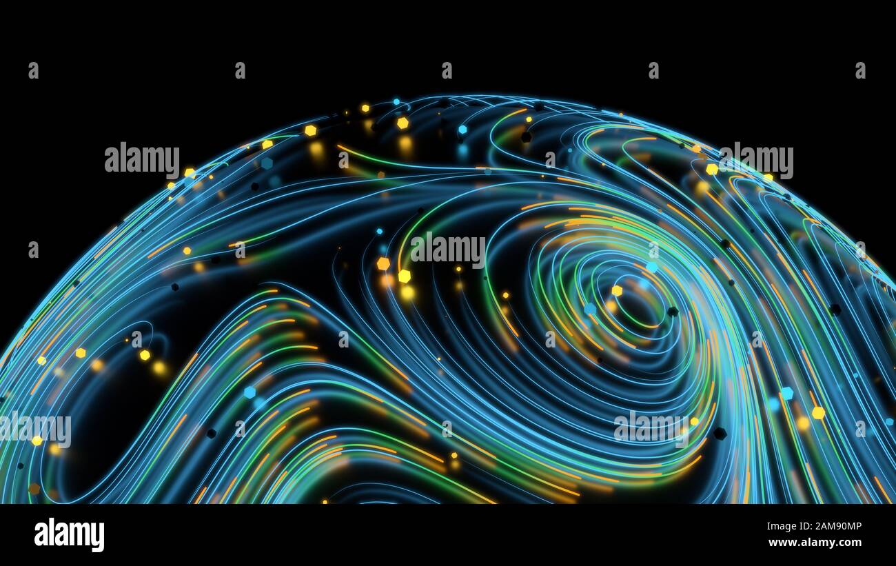 Neon glowing twisted cosmic lines on the surface of the planet ...