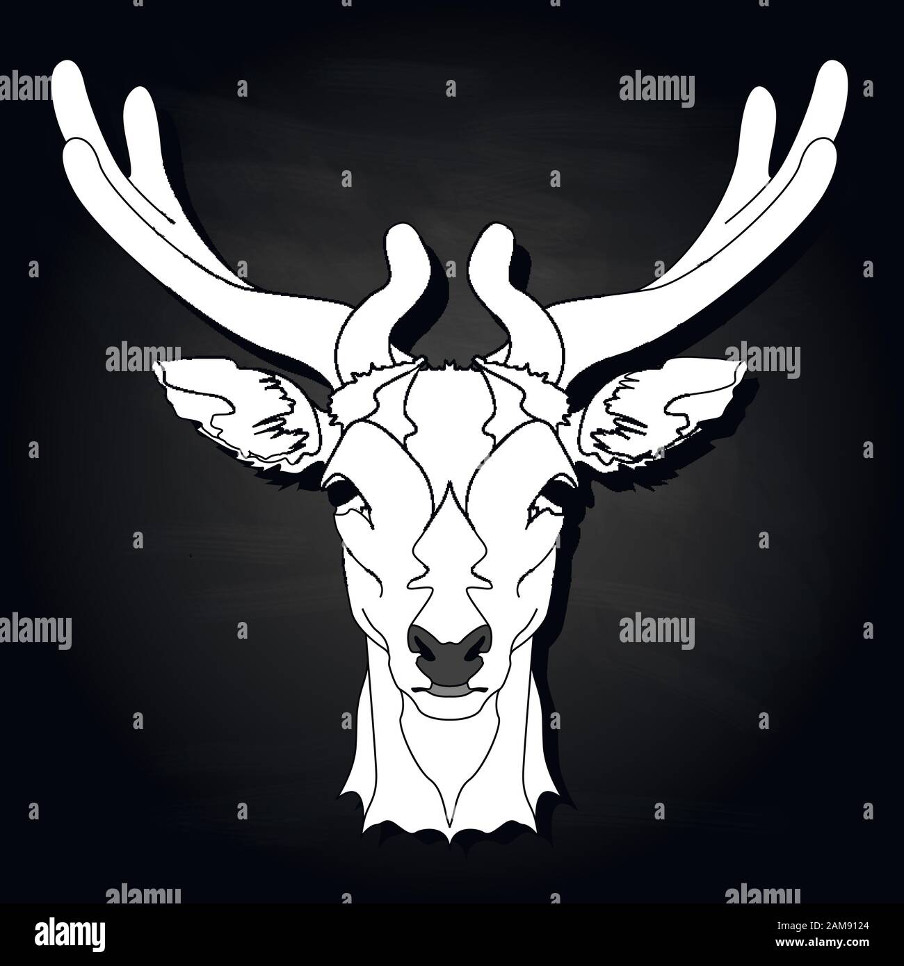 Stylized deer head vector monochrome illustration isolated on black ...