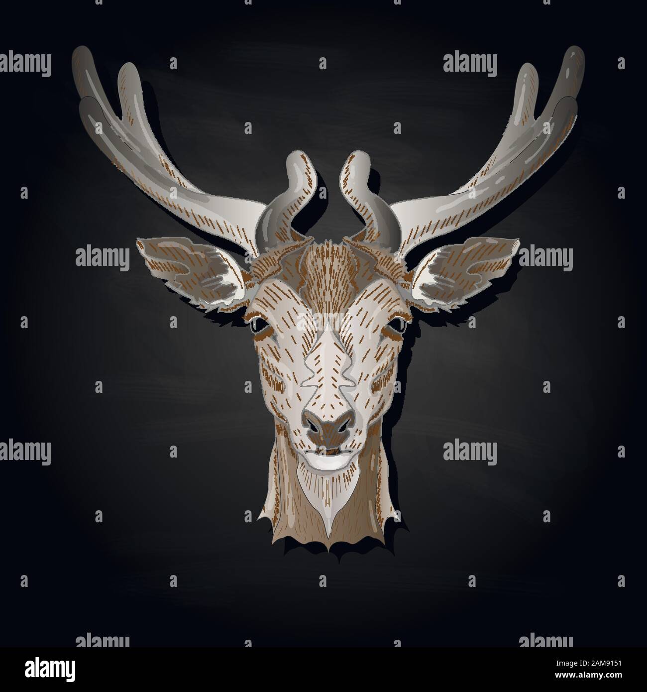 Stylized deer head vector illustration isolated on black background ...