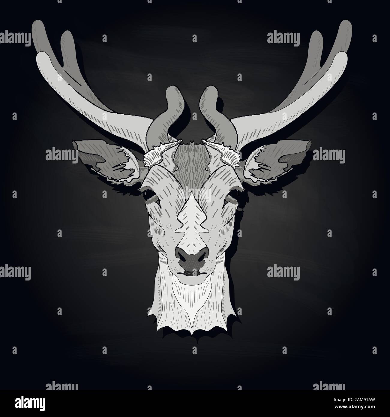 Stylized deer head vector monochrome illustration isolated on black ...