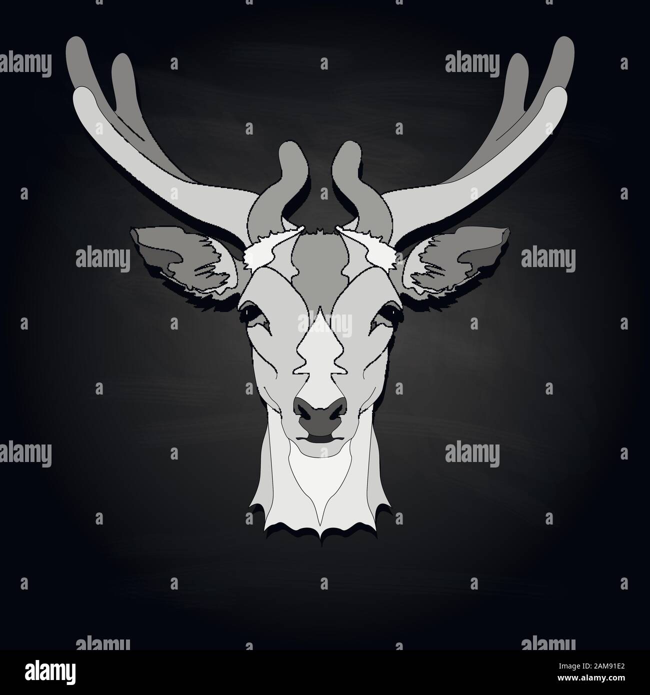 Stylized deer head vector monochrome illustration isolated on black ...