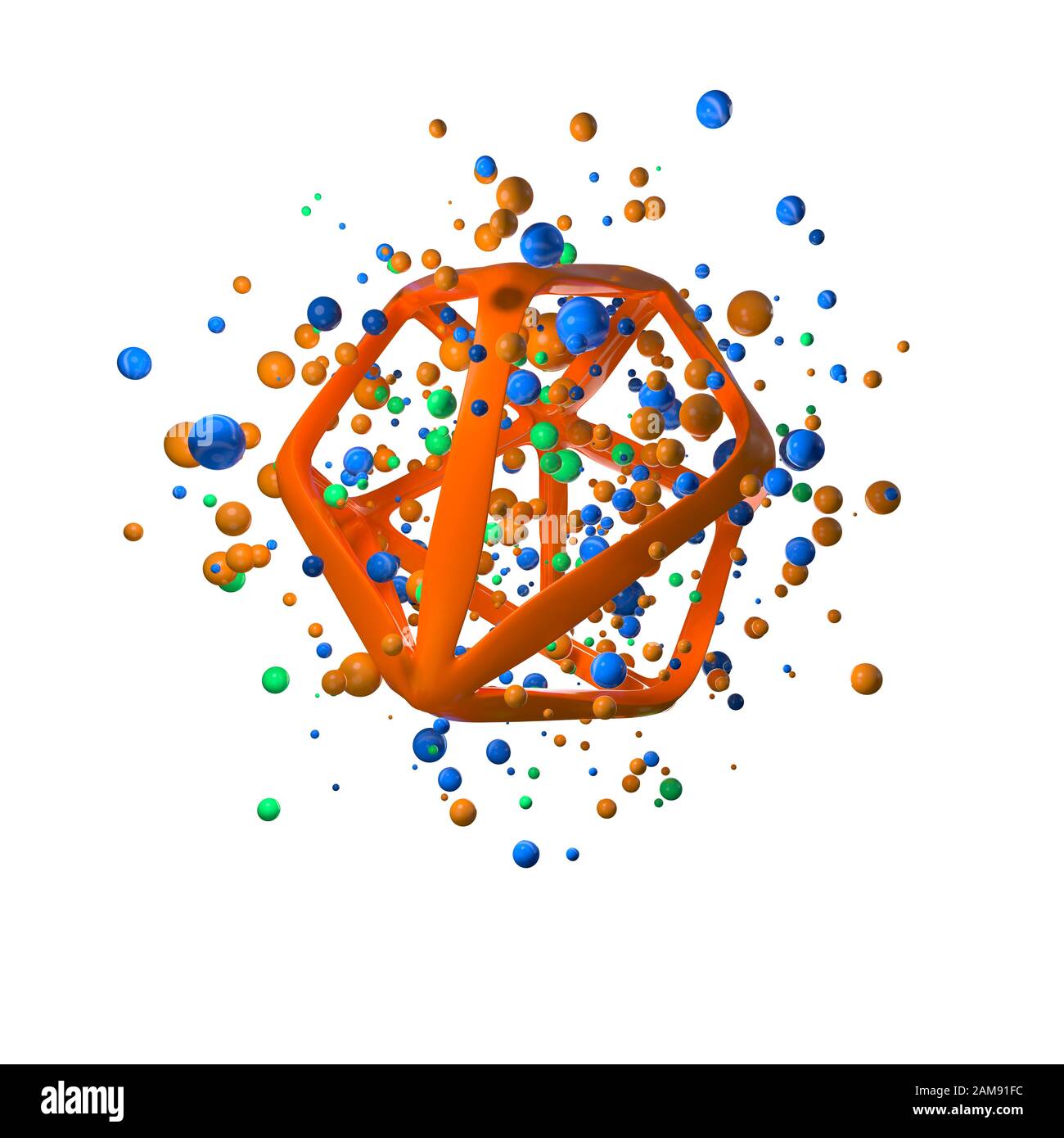 3d illustration of flying realistic primitives. Spherical shapes in ...