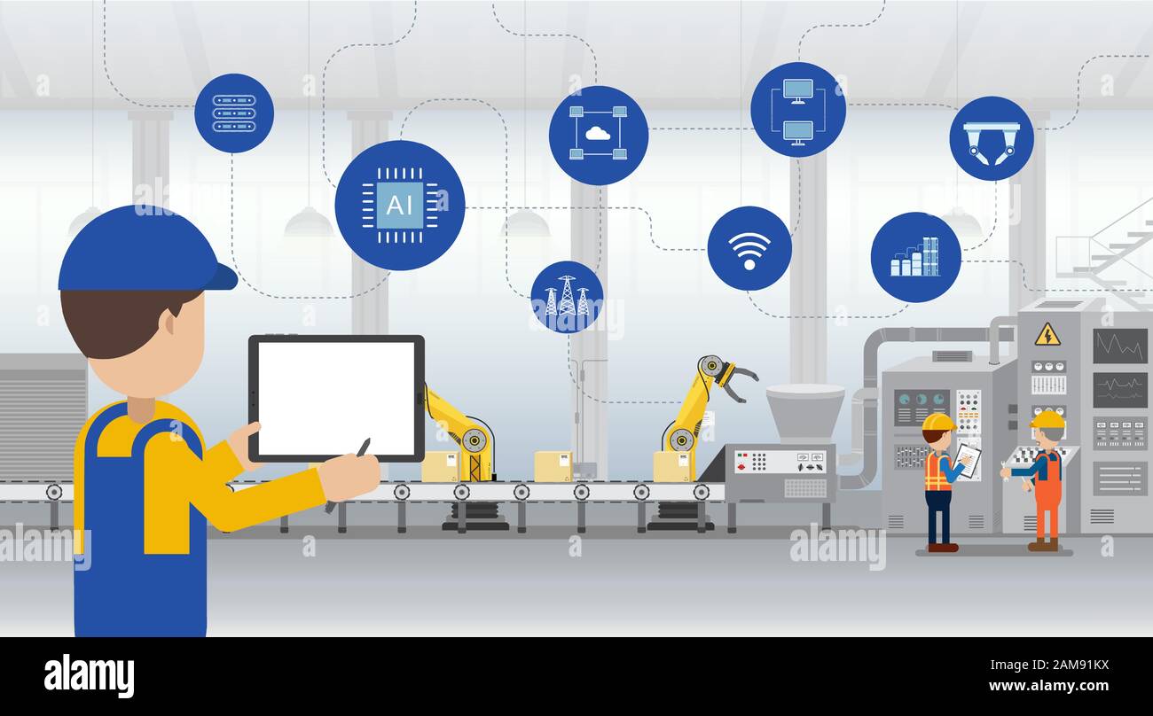 Automation industry concept with workers control robots and machines ...