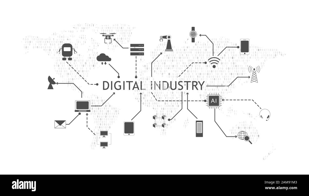 Digital Industry Concept With Icons On World Map In Binary Code Pattern