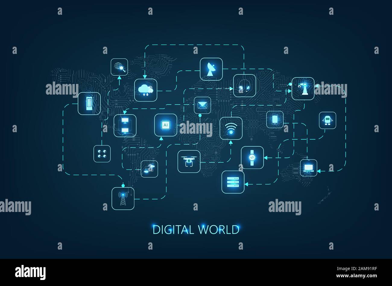 Digital technology connection concept with icons on world map with ...