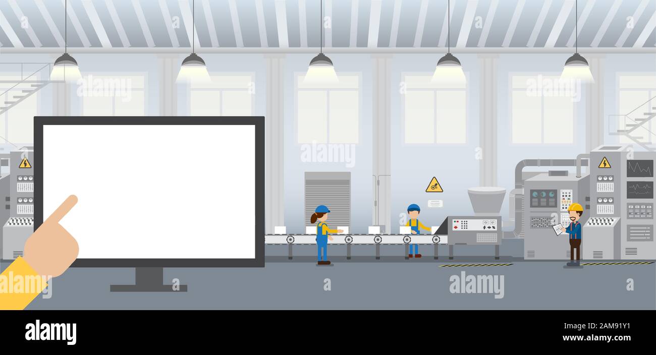 Hand point at empty screen monitor in factory with worker and machine ...