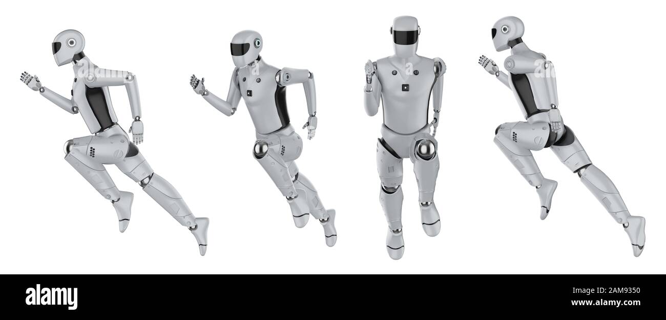 3d rendering set of artificial intelligence cyborgs or robots run ...