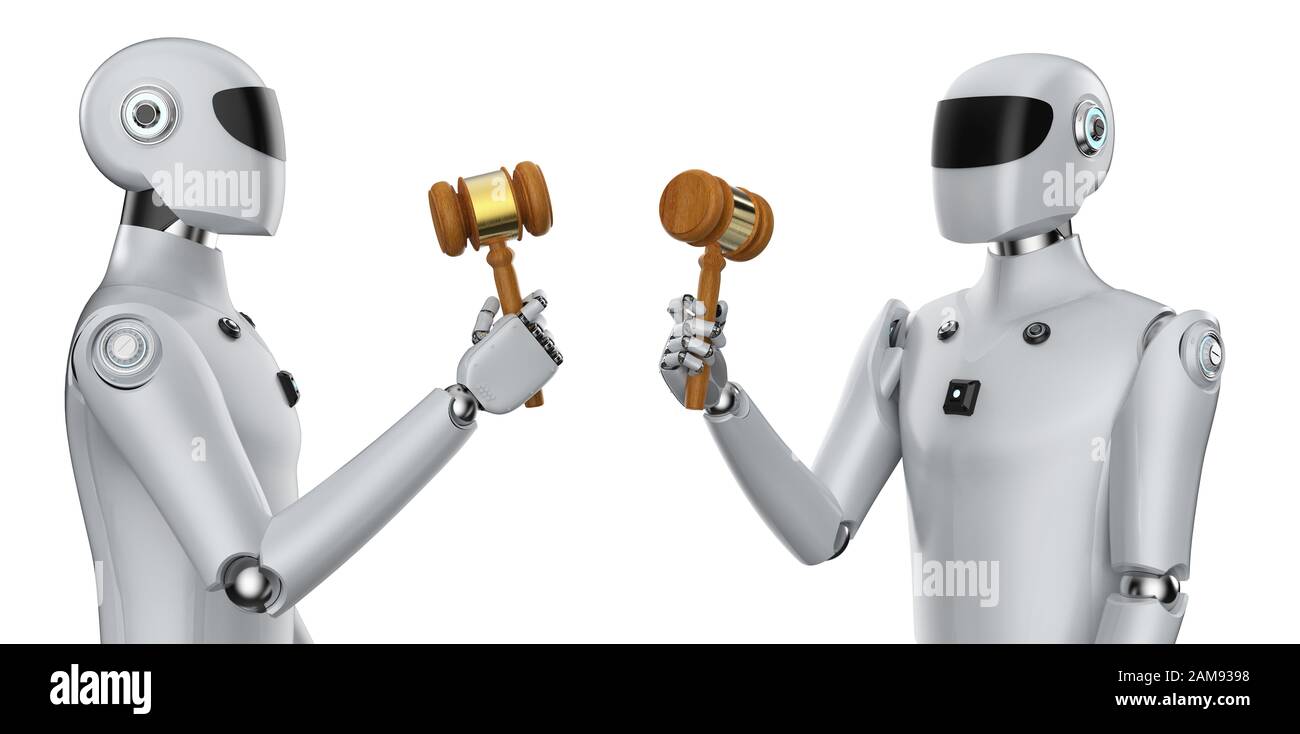 Cyber law concept with 3d rendering cyborg hand holding gavel judge on ...