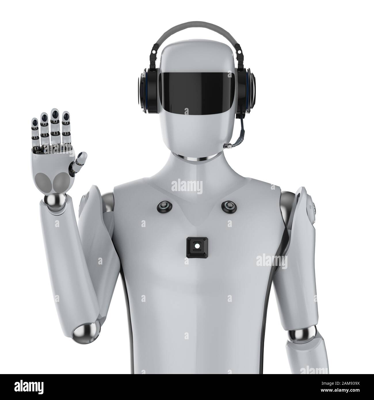 3d rendering artificial intelligence cyborg or robot with headset hand ...