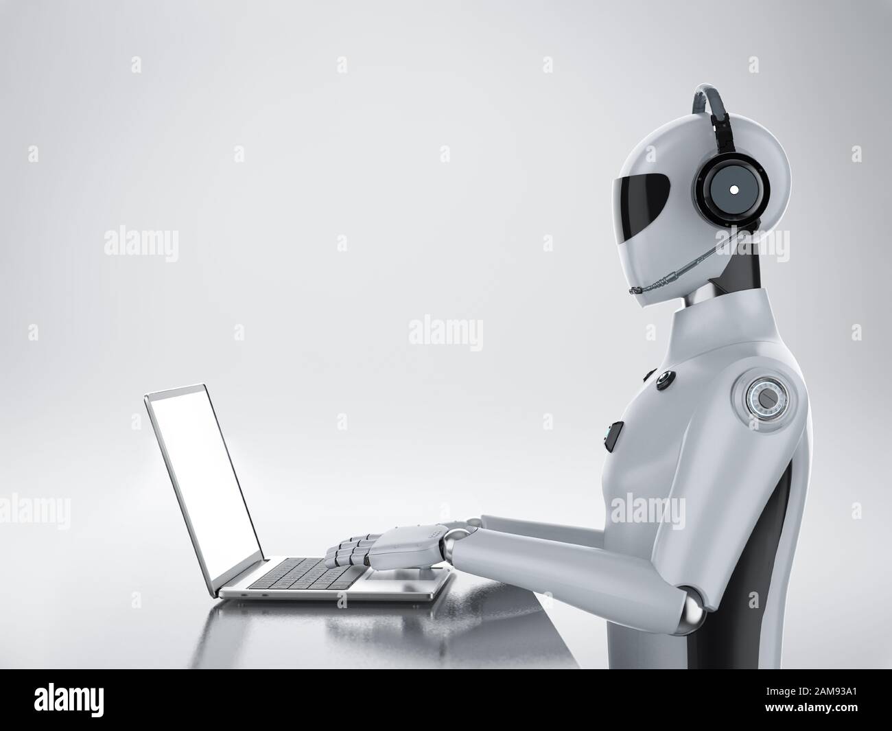 3d rendering artificial intelligence cyborg or robot working with headset and computer notebook ...
